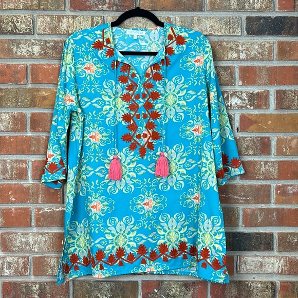 Moda Posa | Tops | Modaposa Blue Floral Embroidered Tunic Top V Neck ...